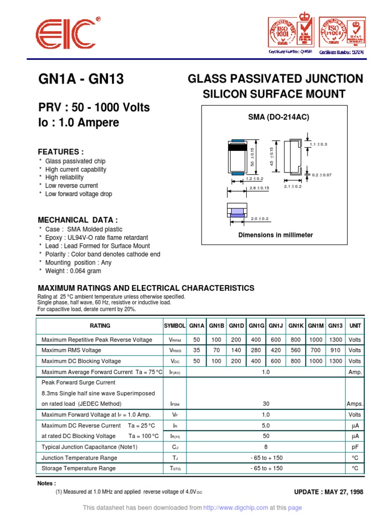 GN1A - GN13: Glass Passivated Junction PRV: 50 - 1000 Volts Io: 1.0 ...