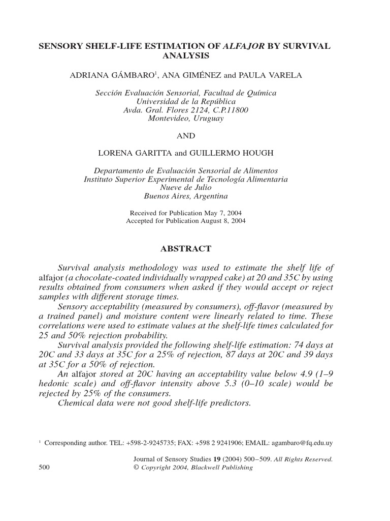 Sensory Shelf-Life Estimation of Alfajor by Survival Analysis | PDF ...