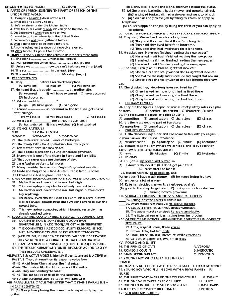 English Pre and Posttest Grade 9 Final | PDF | Romeo And Juliet | Syntax