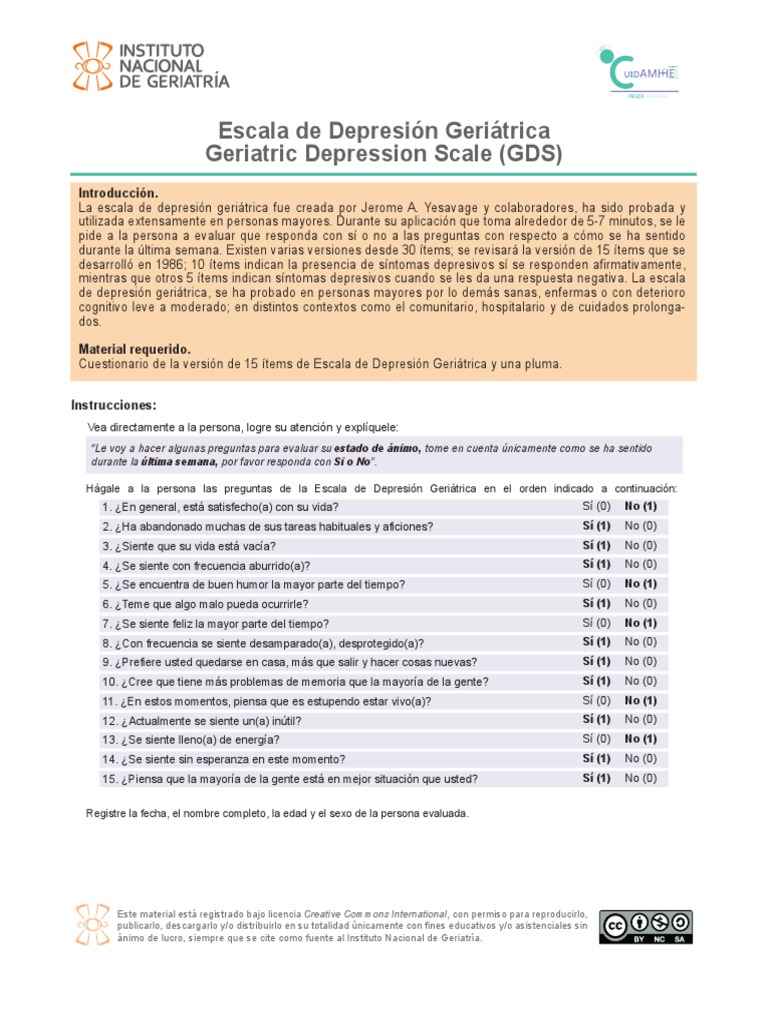 Escala Geriatrica de Depresion Gds | PDF | Depresión (estado de ánimo) | Geriátrico