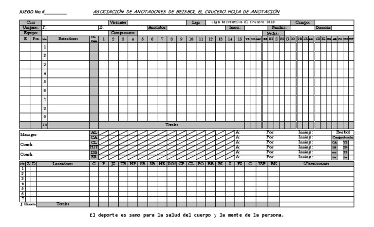 Hoja de anotación del juego de béisbol de la Liga Recreativa El Crucero ...