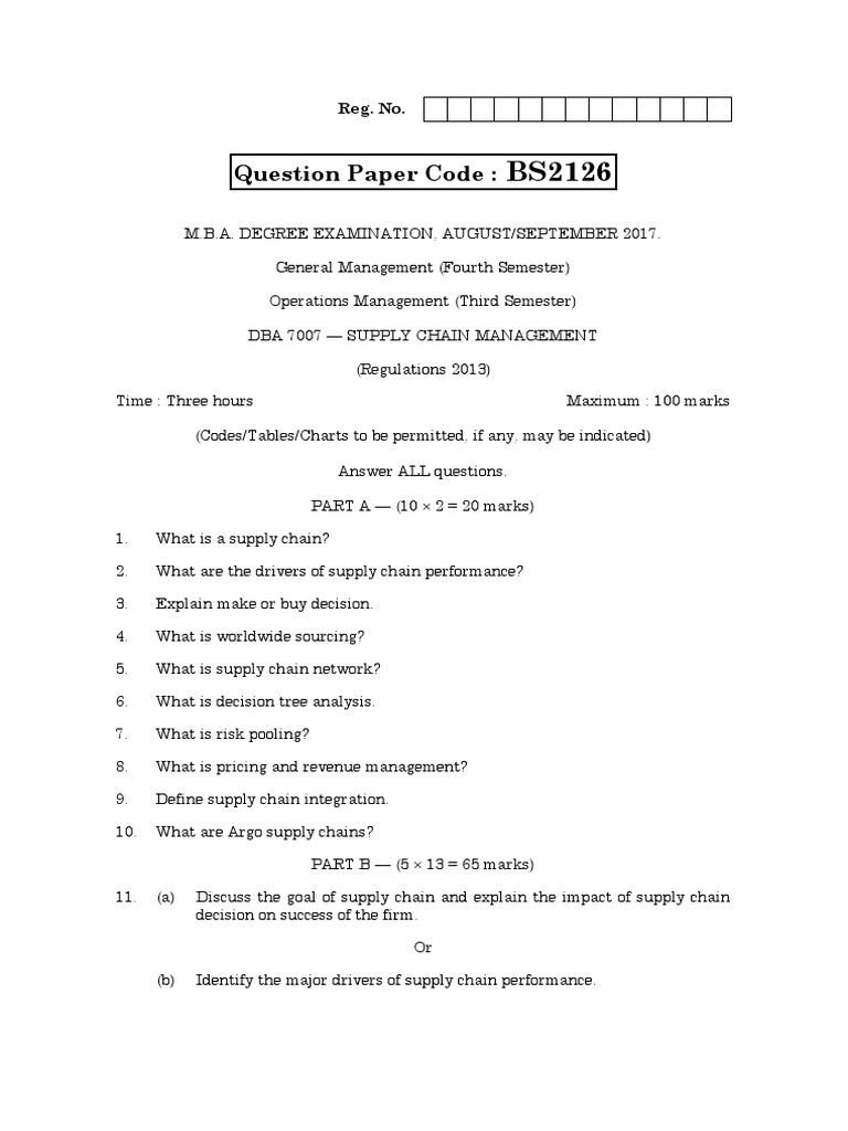 Question Paper Supply Chain | PDF | Supply Chain | Risk