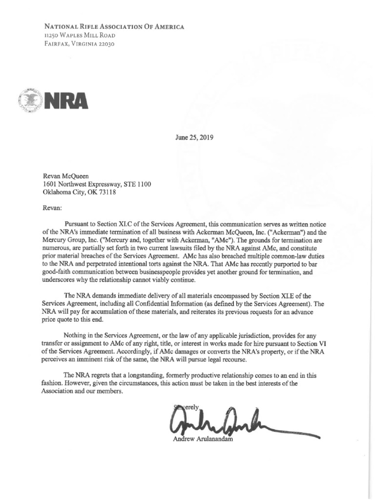 NRA Letter Terminating Their Contract With Ackerman McQueen | PDF