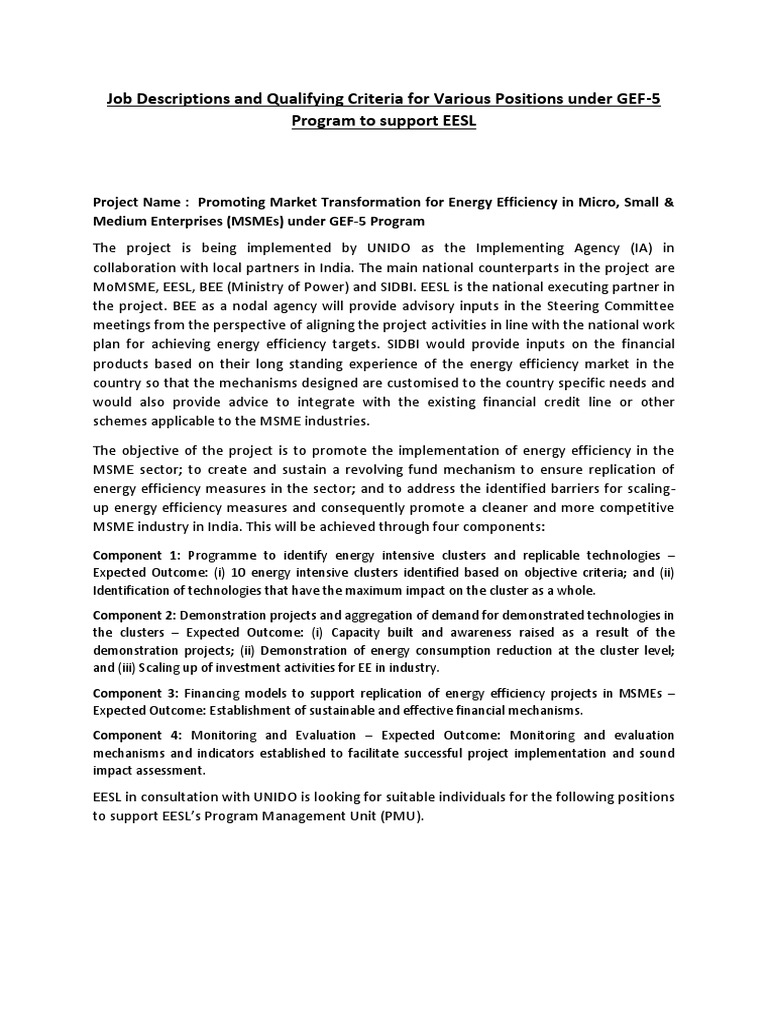 Job Descriptions and Qualifying Criteria For Various Positions Under ...