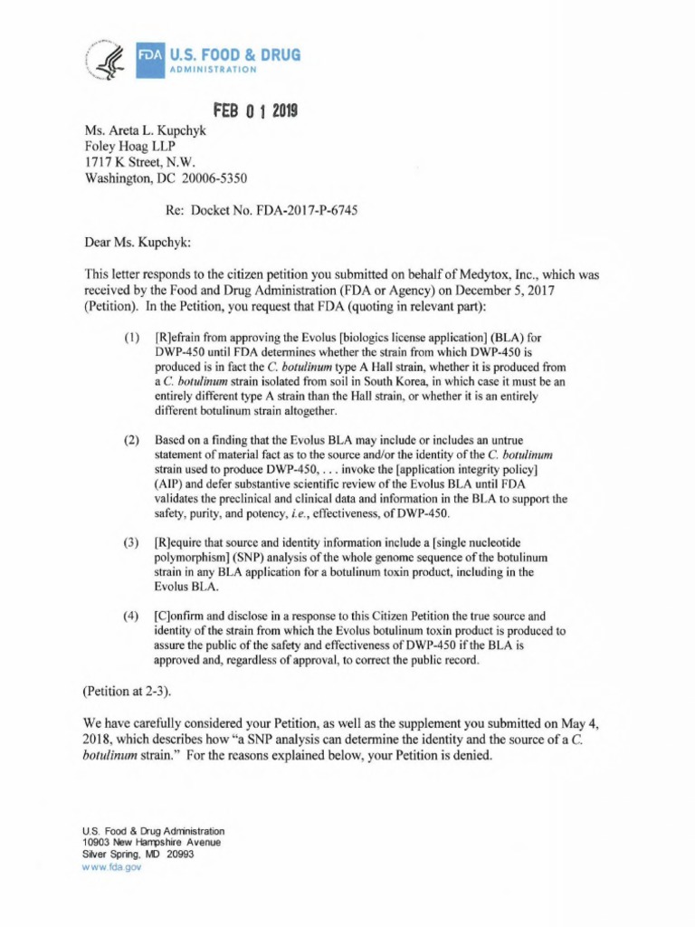Response Letter From FDA CDER to Foley Hoag LLP | Botulinum Toxin ...