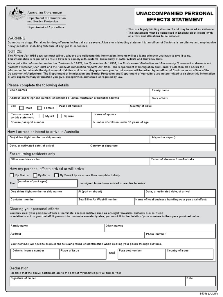 Form B534e Unacompanied Personal Effects PDF | PDF | Customs | Question