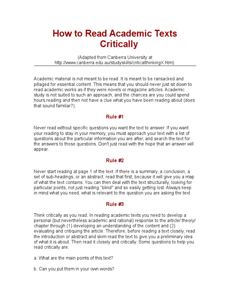 How To Read Academic Texts Critically | PDF | Argument | Psychology
