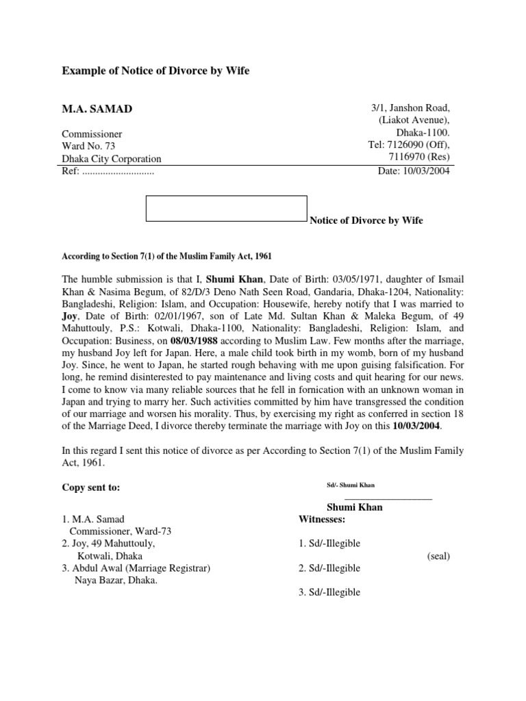 Example of Notice of Divorce by Wife | PDF | Marriage | Divorce