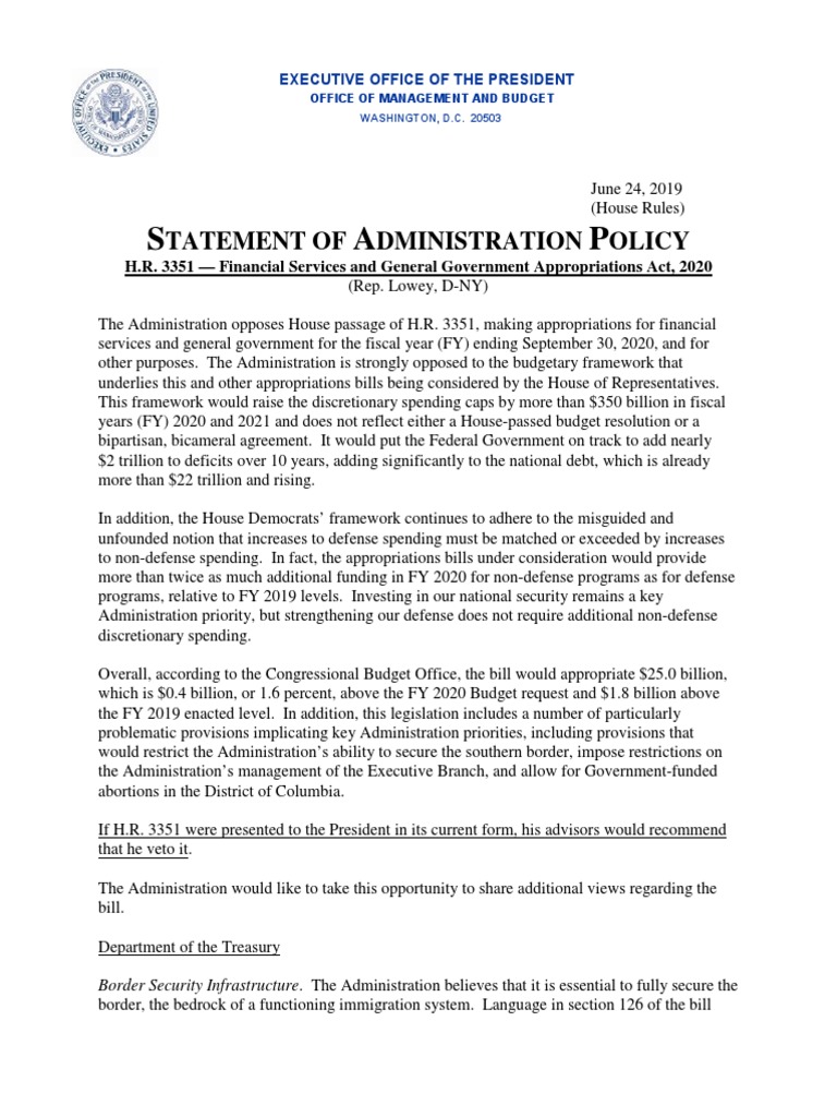 White House Policy Statement: H.R. 3351 | PDF | Office Of Management ...