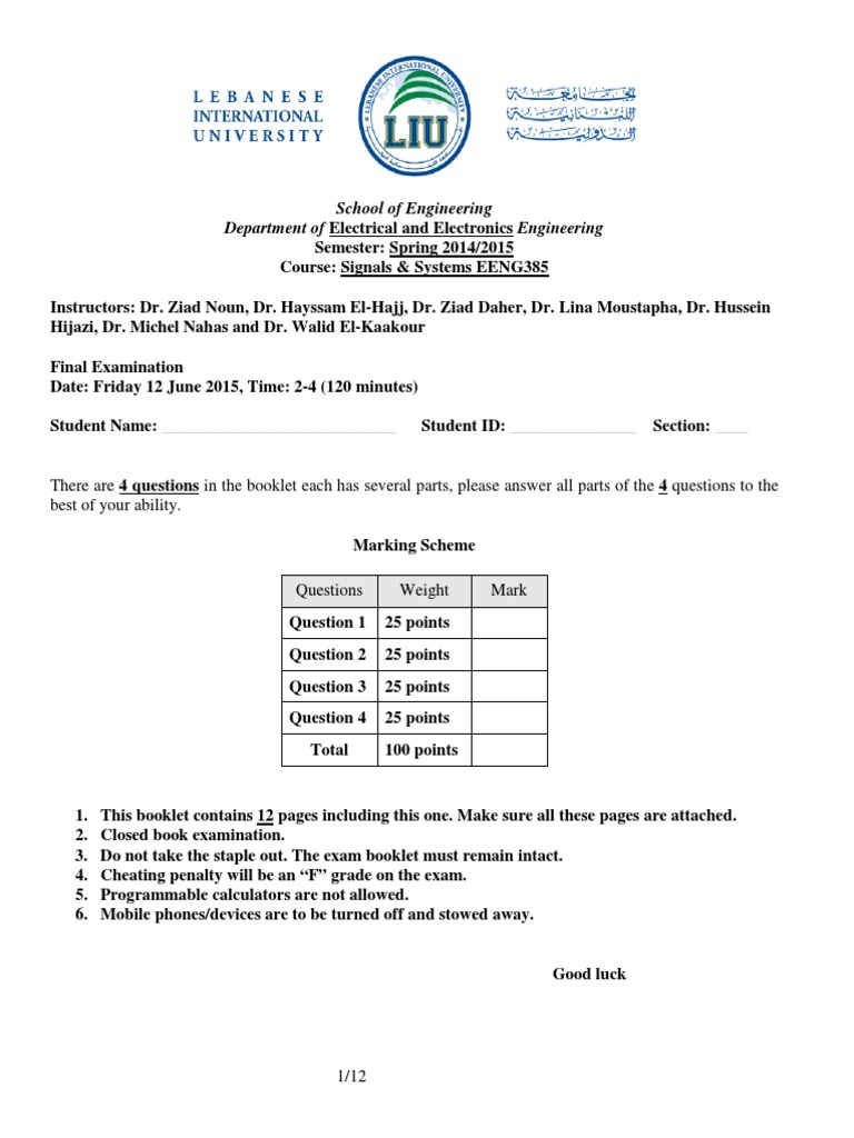 Final Exam: Signals & Systems EENG385 | PDF | Laplace Transform ...