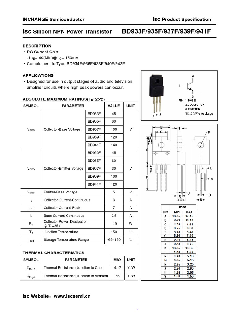 BD933F BD935F BD937F BD939F BD941F | PDF | Bipolar Junction Transistor ...