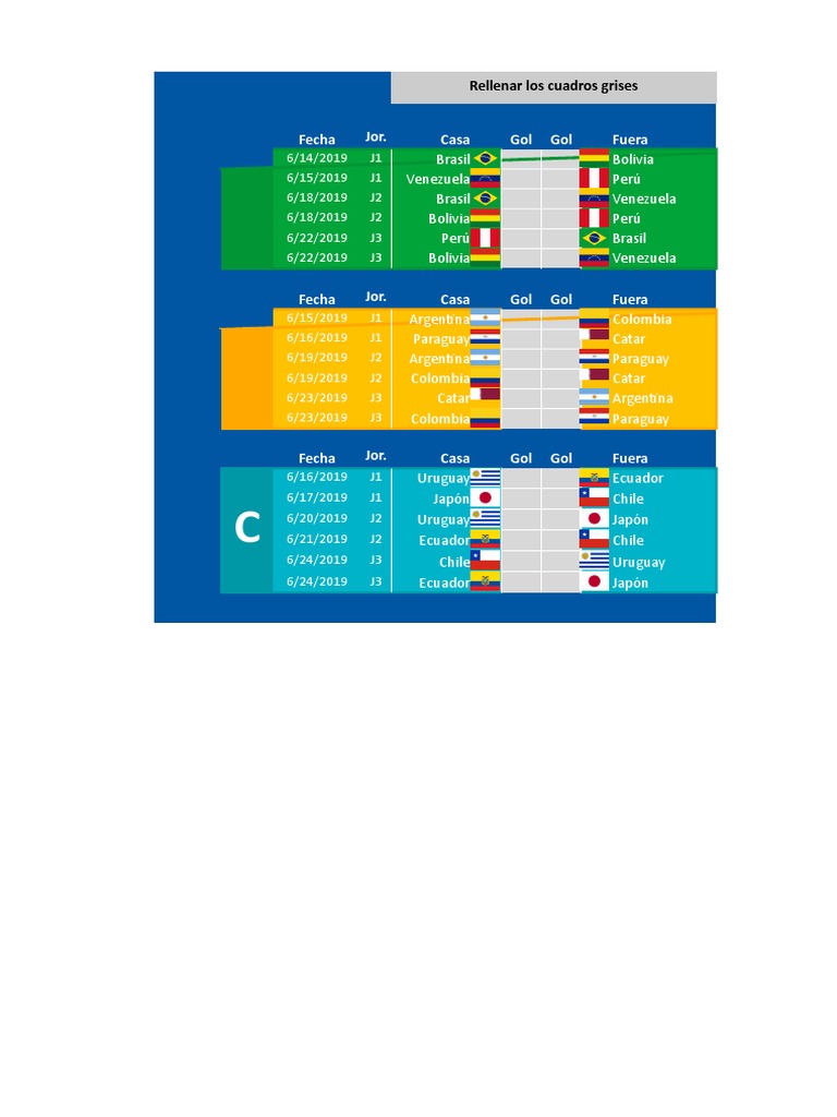 Fixture Copa América 2019 en Excel | PDF | Deportes | Códigos de fútbol