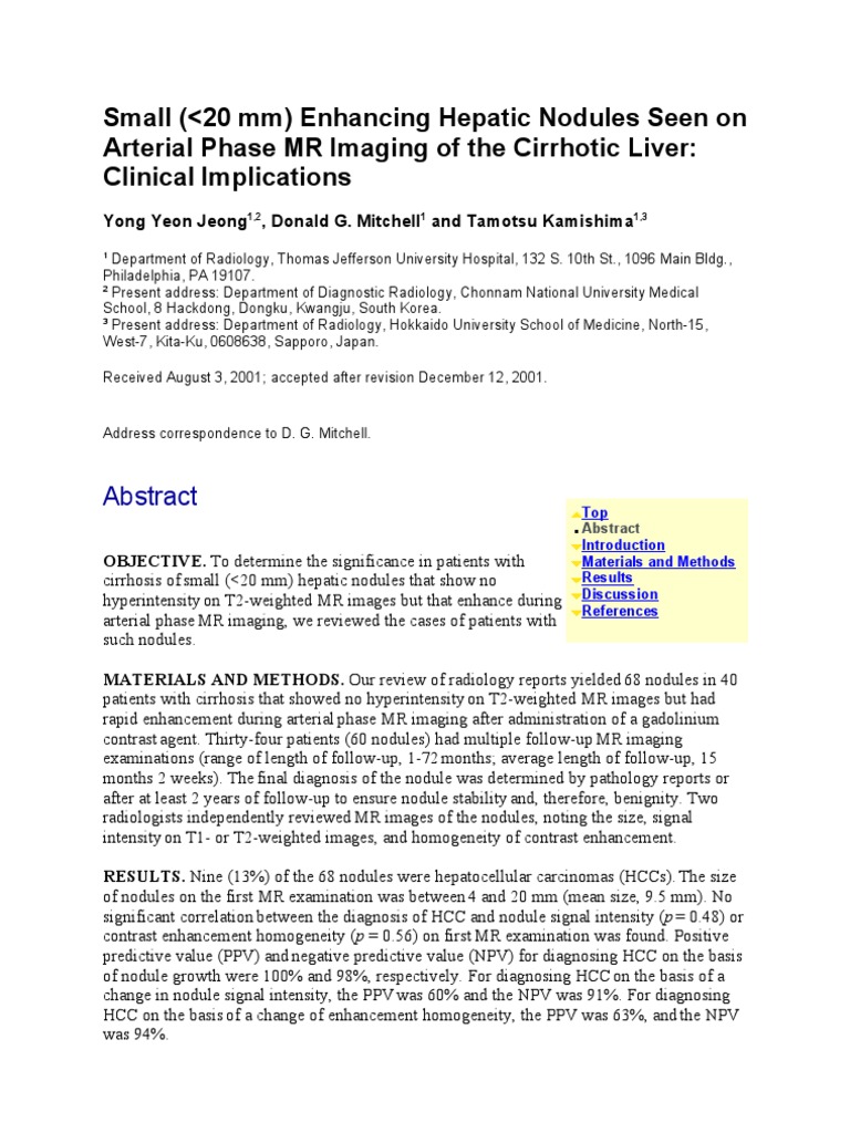 Small ( 20 MM) Enhancing Hepatic Nodules Seen On Arterial Phase MR ...