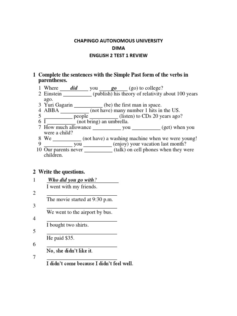 Chapingo Autonomous University Dima English 2 Test 1 Review: Who Did ...