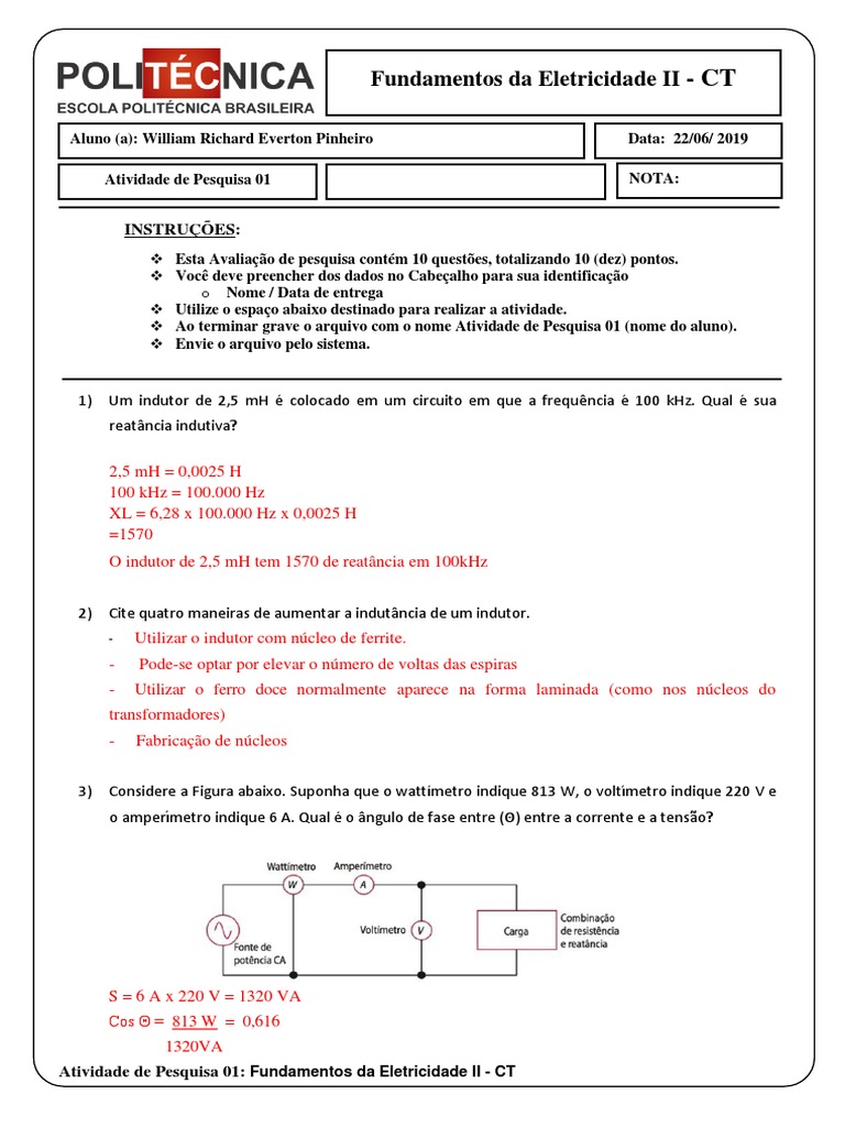 Fundamentos da Eletricidade II: Respostas à Atividade de Pesquisa 01 sobre Conceitos Básicos de ...