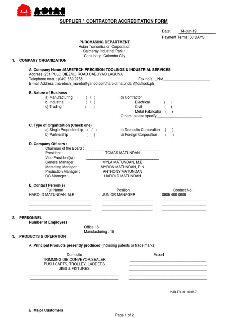 Supplier Accreditation Form | PDF | Business