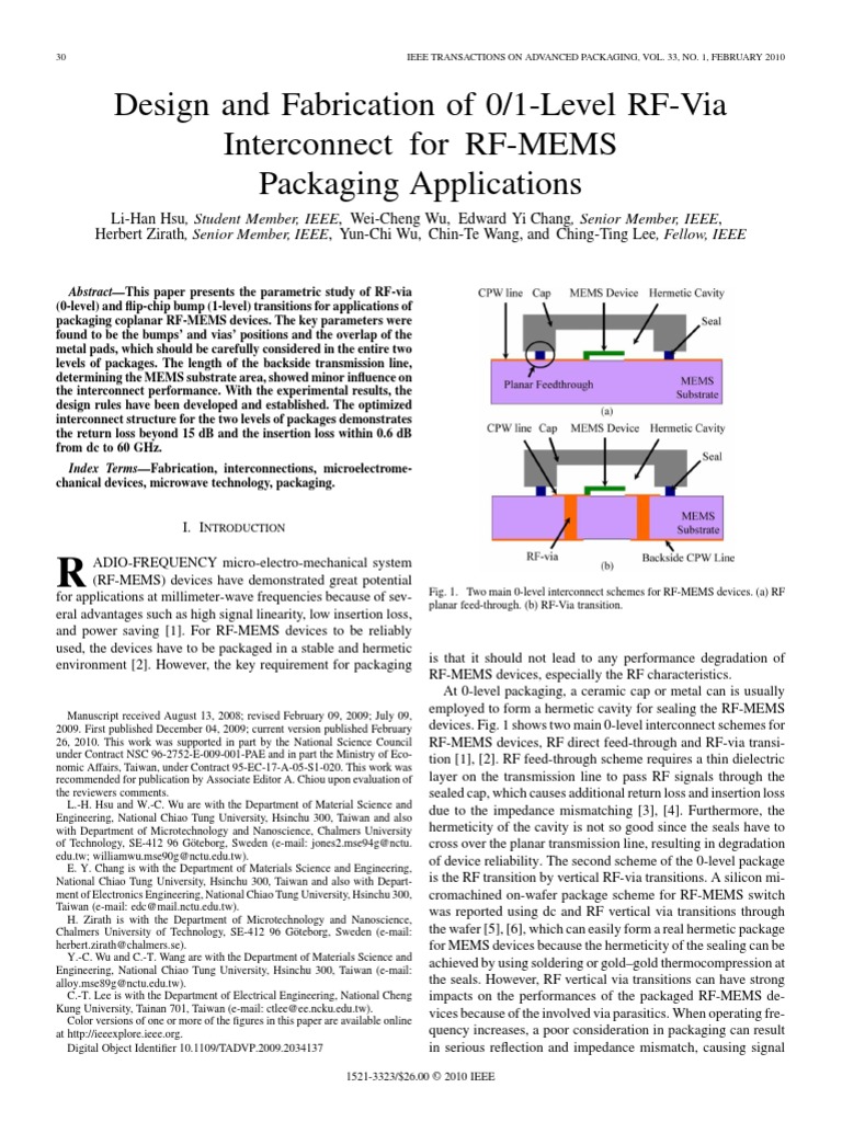 Design and Fabrication of 0/1-Level RF-Via Interconnect For RF-MEMS ...