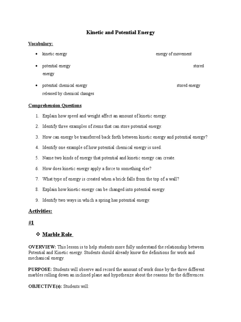 Kinetic and Potential Energy: Vocabulary | PDF | Potential Energy ...