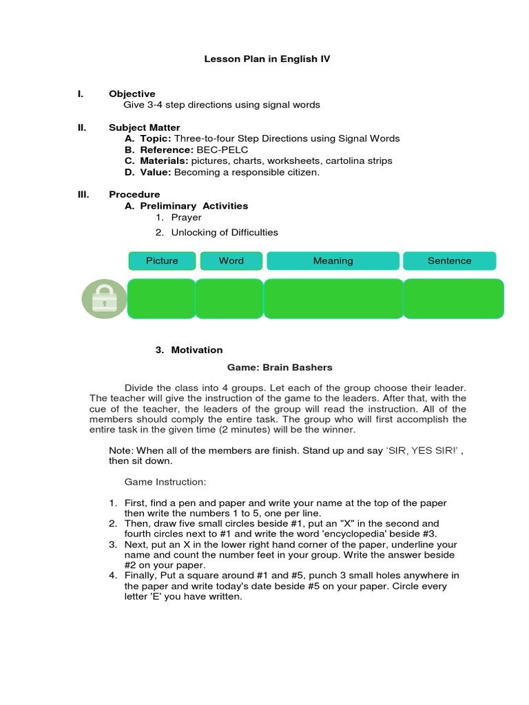 Lesson Plan on Using Signal Words in English IV Directions | PDF