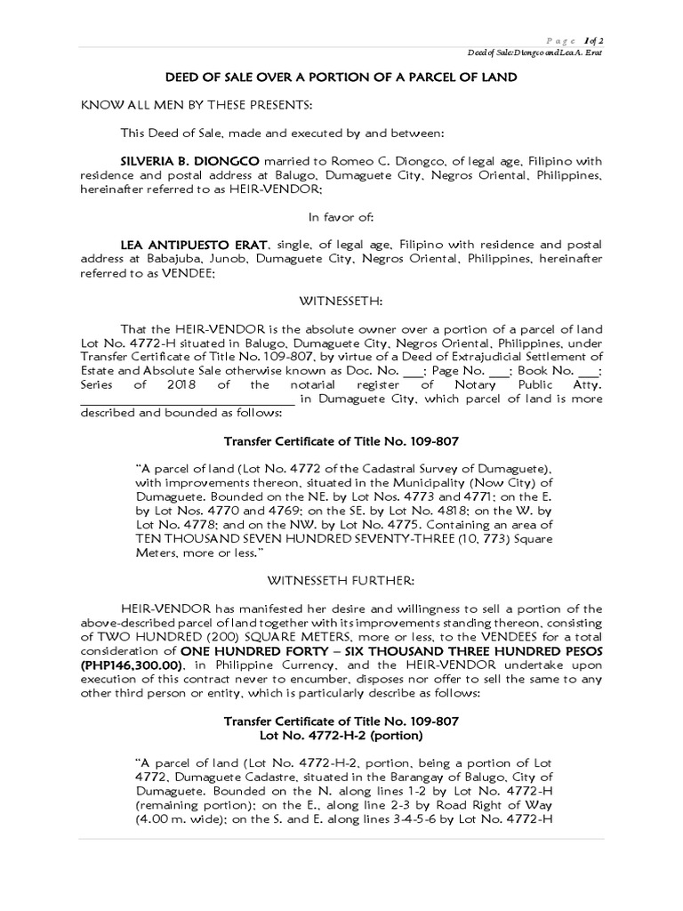 Deed of Sale Over a Portion of a Parcel of Land - Erat | Land Lot ...