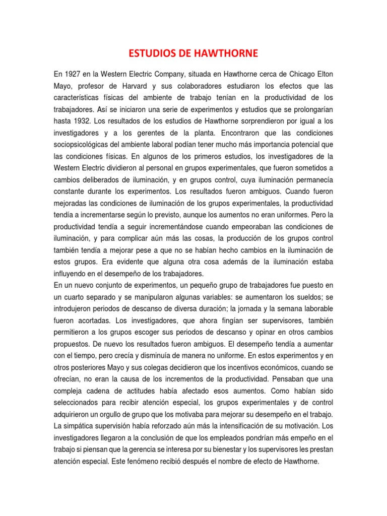 Estudios de Hawthorne | PDF | Calidad (comercial) | Economias