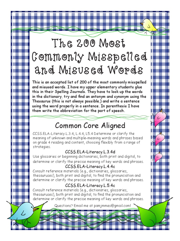 Elementary Commonly Misspelled Words