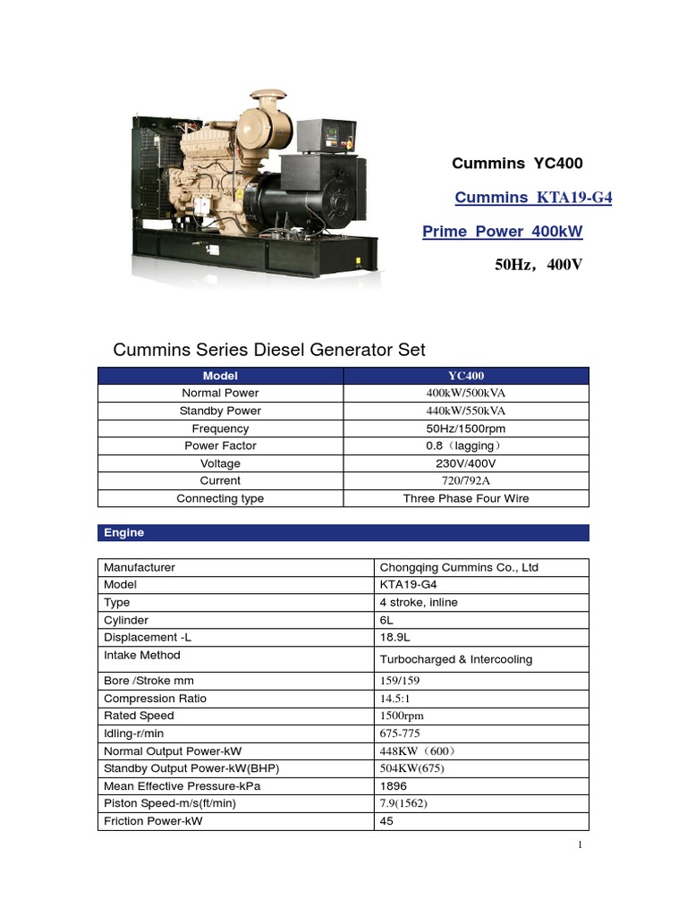Cummins KTA19-G4 Genset Spec Sheet | PDF | Diesel Engine | Engines