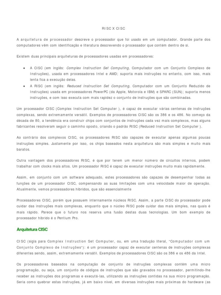 Risc X Cisc | PDF | Unidade central de processamento | Engenharia ...