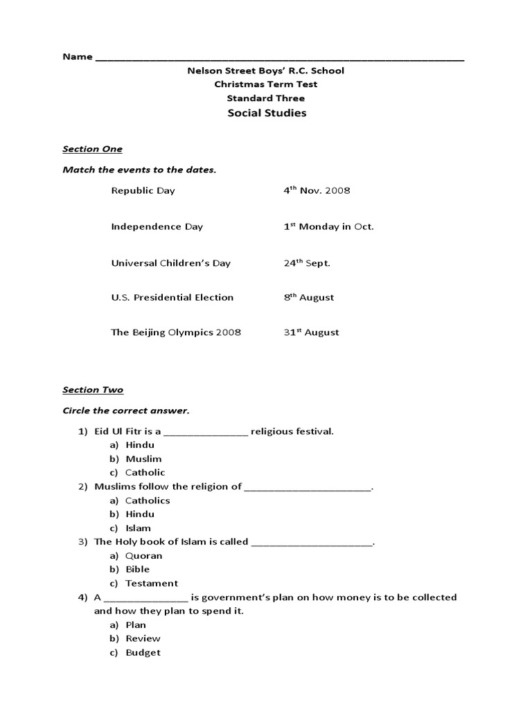 Social Studies: Section One Match The Events To The Dates | PDF ...