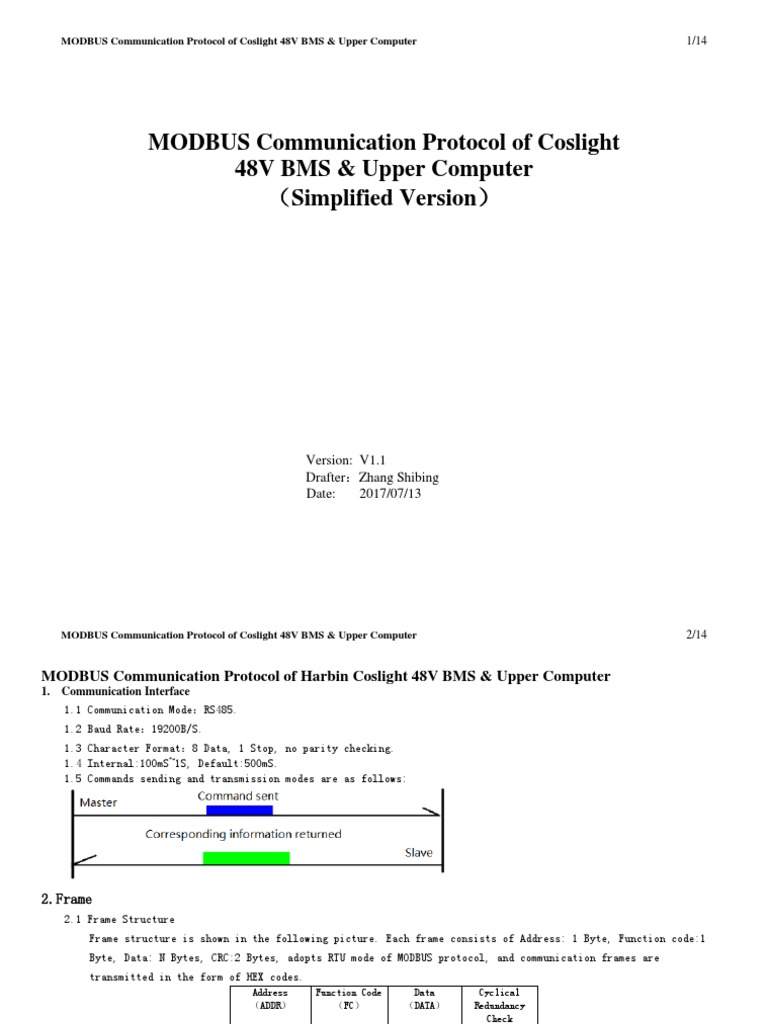 Coslight 48 VBMS MODBUS Communication Protocol Simplified Version | PDF | Computer Data ...