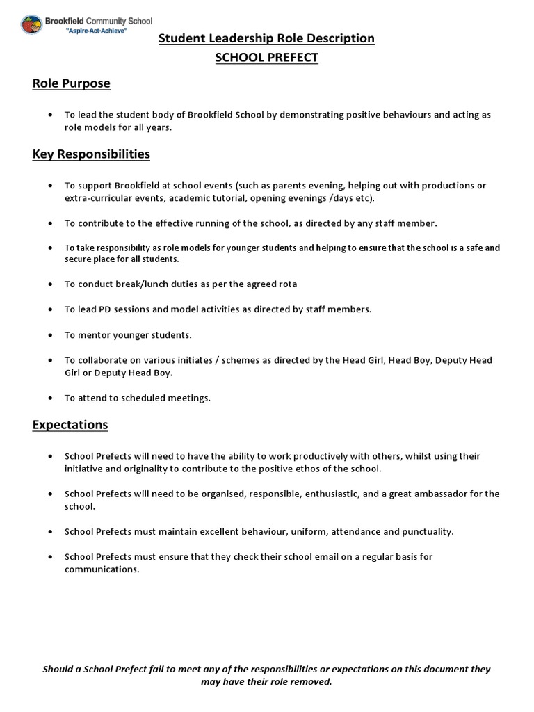 School Prefect Role Description | PDF | Career & Growth