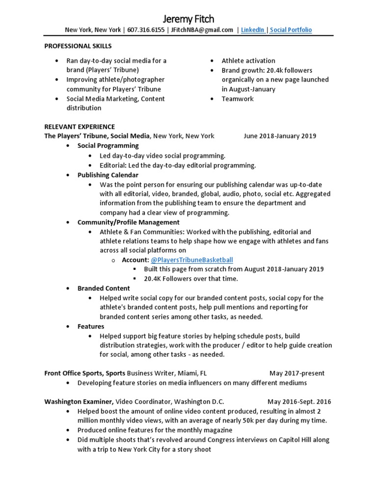 Fitch Jeremy Resume 2019 | PDF | Social Media | Popular Culture & Media ...