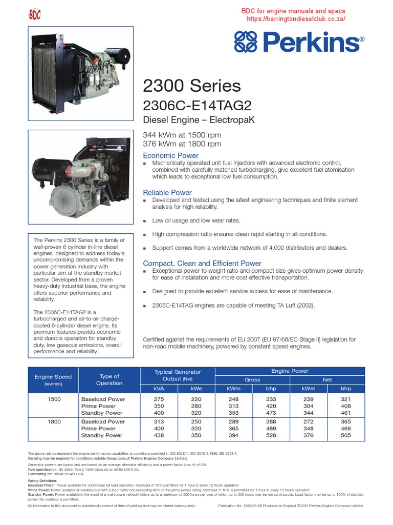Perkins 2306 Genset Spec Sheet | PDF | Diesel Engine | Engines