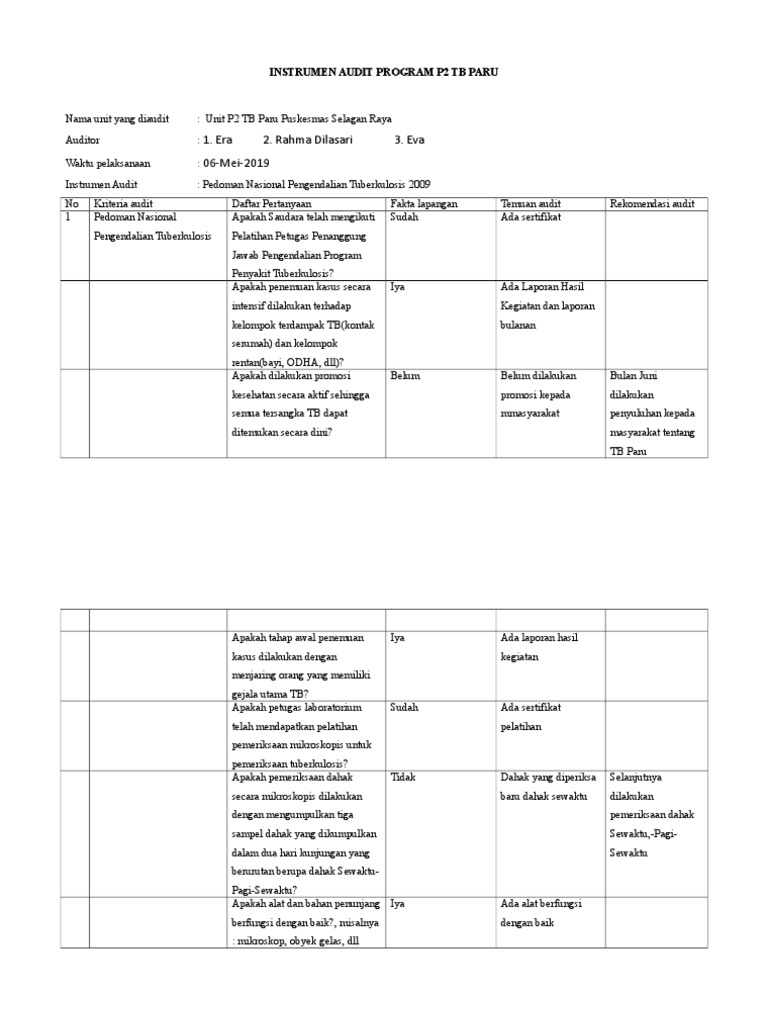 Instrumen Audit Internal Program TB | PDF