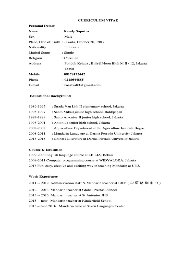 CV Randy Saputra Mandarin Teacher Indonesia | PDF