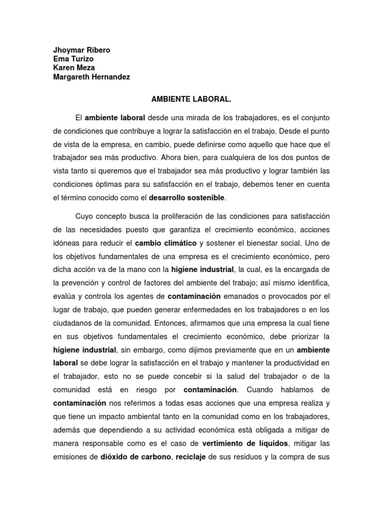 Ensayo Ambiente Laboral | PDF | Seguridad y salud ocupacional ...