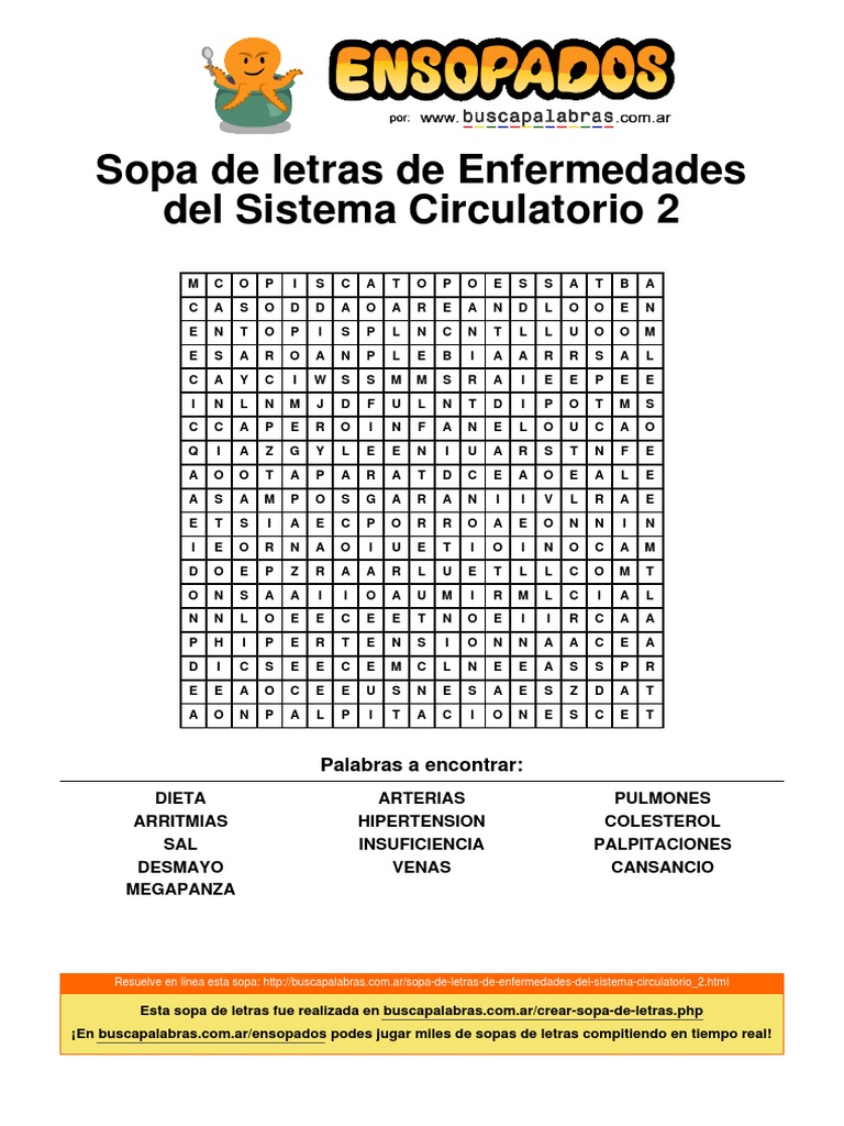 Sopa de Letras de Enfermedades Del Sistema Circulatorio 2 | Descargar ...