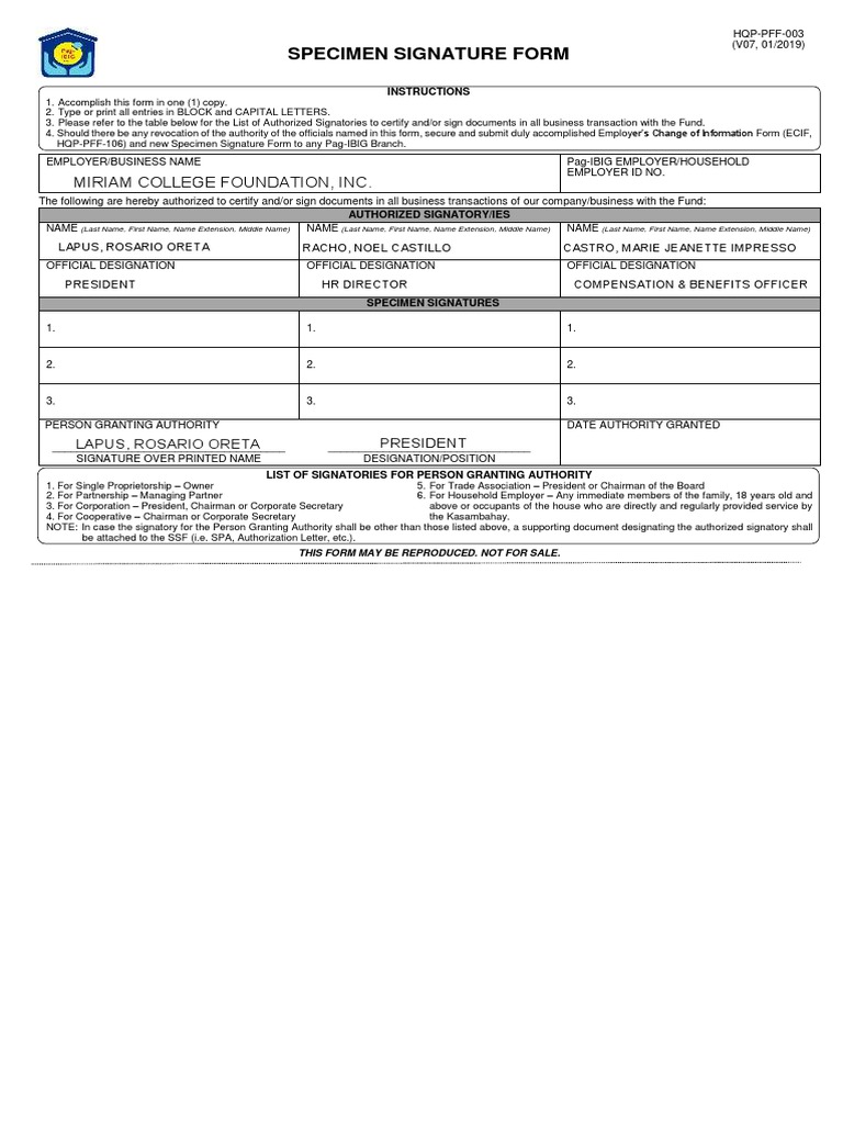 Authorized Signatories for Miriam College Foundation, Inc. | PDF ...