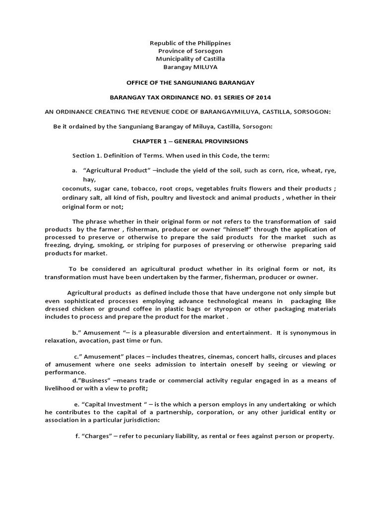 Office of The Sanguniang Barangay Barangay Tax Ordinance No. 01 Series ...