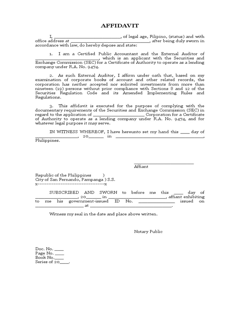 AFFIDAVIT of External Auditor for SEC