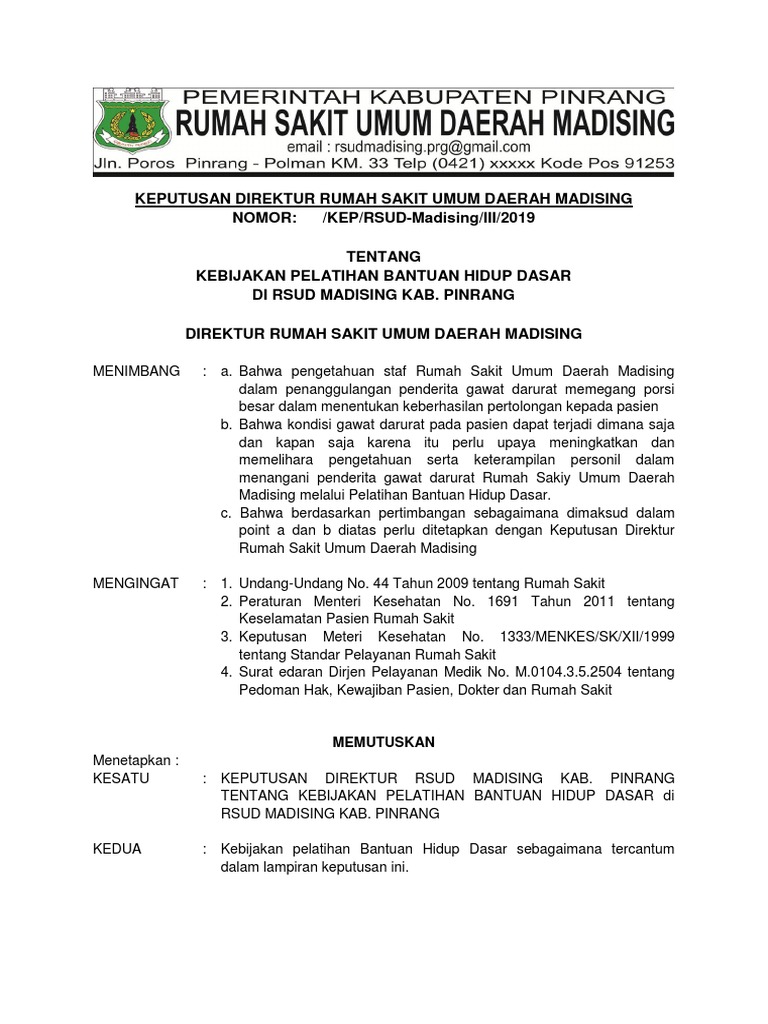 Kebijakan Pelatihan BHD RSUD Madising | PDF