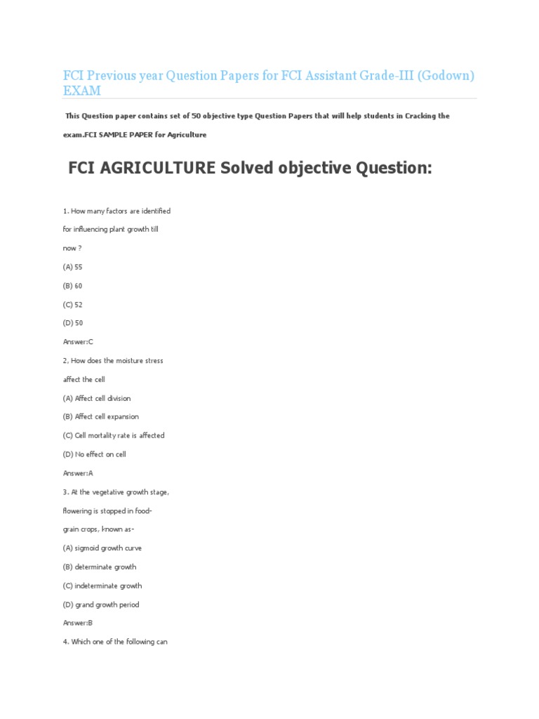 FCI AGRICULTURE Solved Objective Question:: FCI Previous Year Question ...
