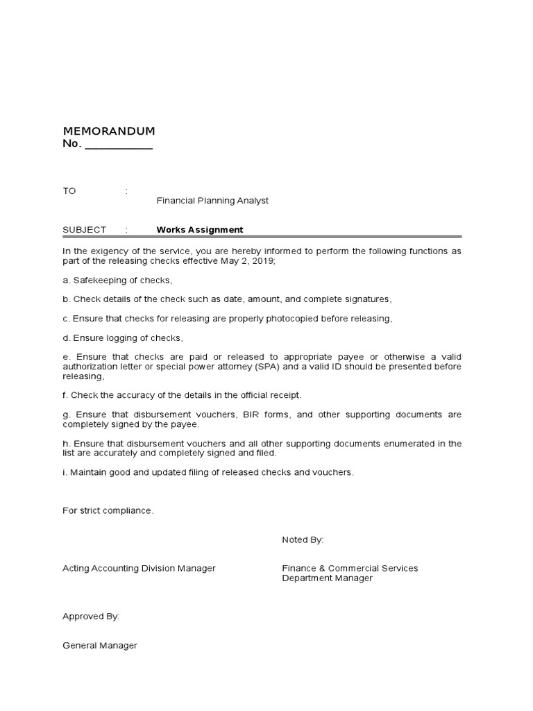 Memorandum No. - : Works Assignment | PDF