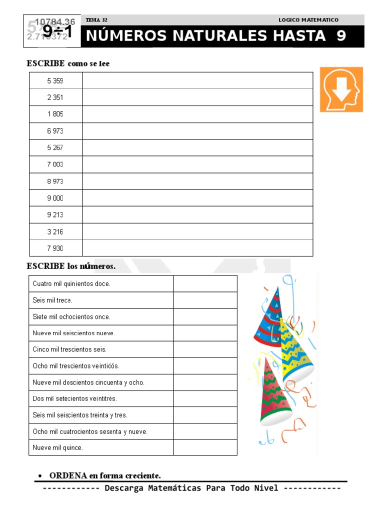 Cómo leer, escribir y ordenar los números naturales del 0 al 9,000 | PDF