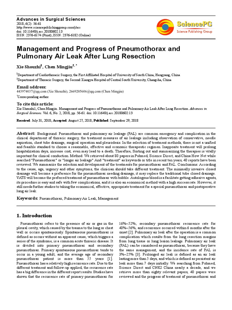 Management and Progress of Pneumothorax and Pulmonary Air Leak After ...