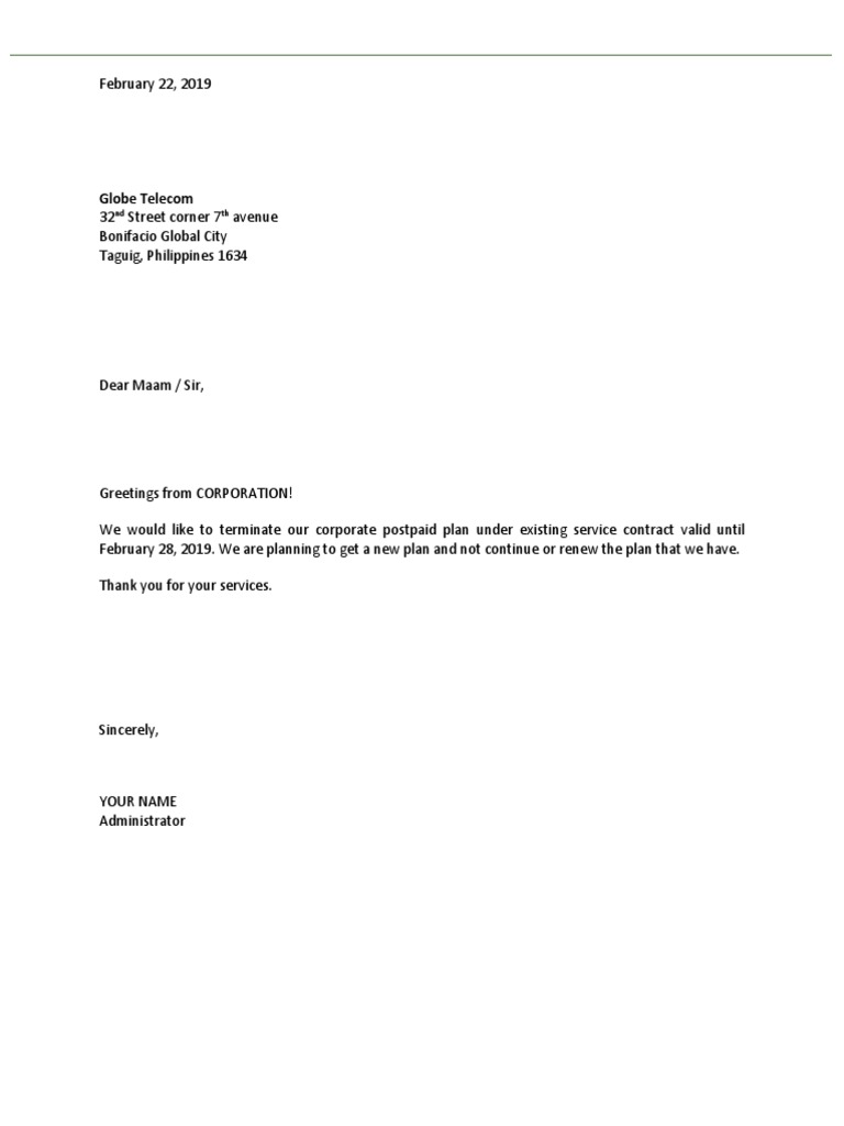 Notice of Termination of Corporate Postpaid Plan and Request for ...