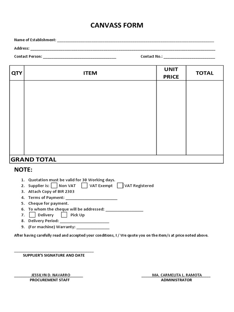Canvass Form: QTY Item Unit Price Total | PDF