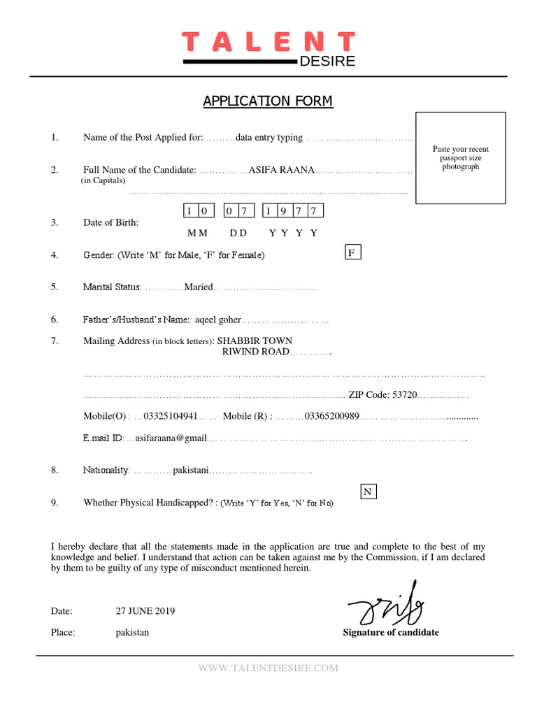 Offline Application Form For Work at Home | PDF