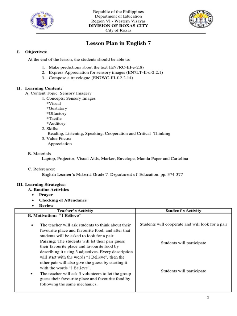 Lesson Plan in SHS English | PDF | Senses | Perception