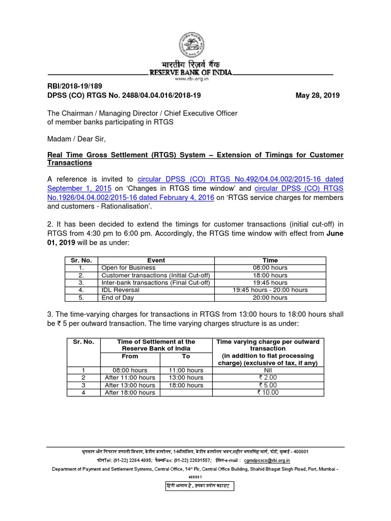 RBI/2018-19/189 DPSS (CO) RTGS No. 2488/04.04.016/2018-19 | PDF ...